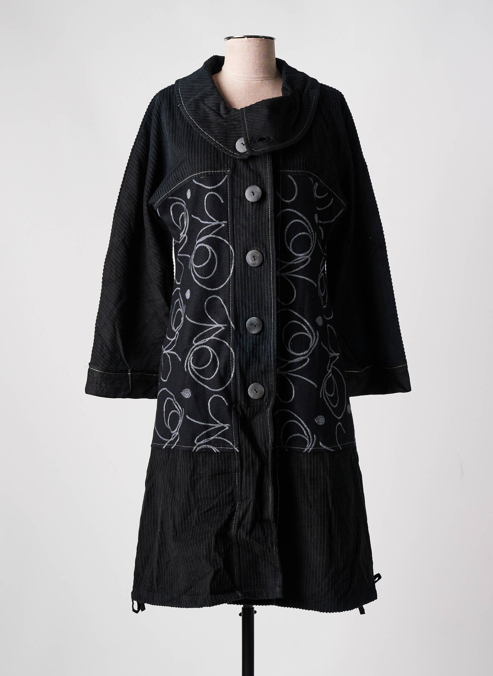 Manteau Long Coupe Cintrée Noir Nid D'abeille Femme - 2661368-noir00 | Modz